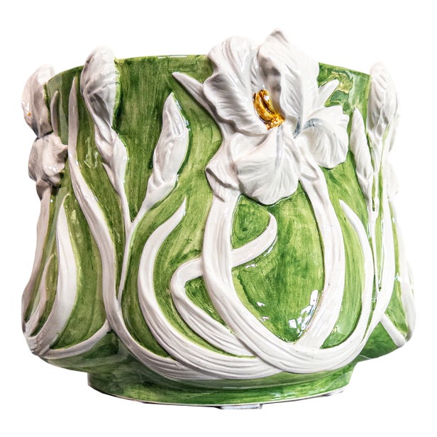 Mid-Century Italian Majolica Cachepot with Iris Relief, 170s | Chairish