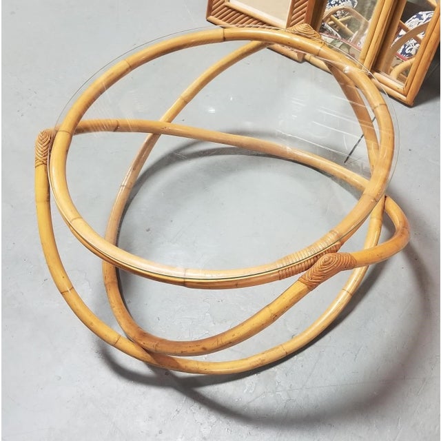 1950s Restored Rattan Gyroscope Shaped Glass Coffee Table | Chairish