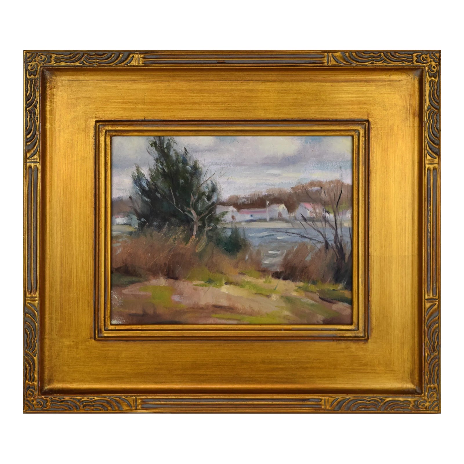Vintage American Impressionist Lake Landscape Painting With Cabin by ...