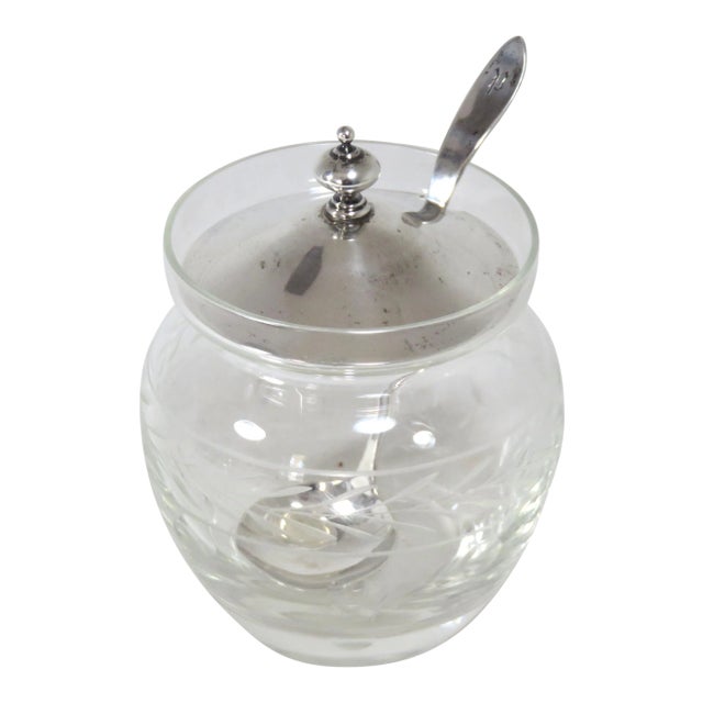 1950s Mid Century Etched Crystal & Sterling Silver Jam Jar Set | Chairish