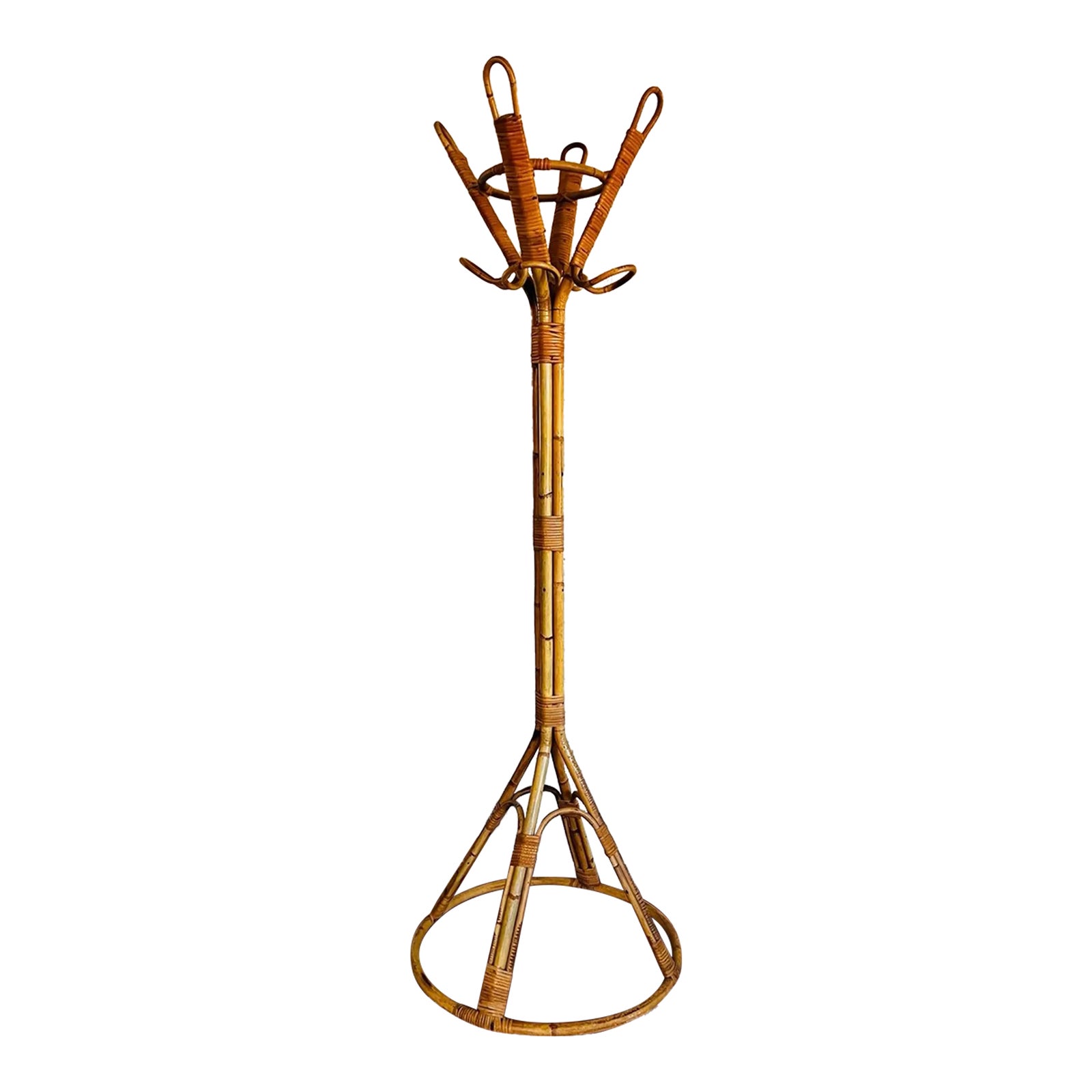 1960s Mid Century French Bamboo and Caning Coat Rack | Chairish