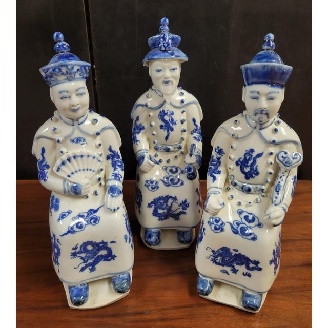 1980s Chinese Blue & White Seated Porcelain Emperor Statues - Set of 3 ...