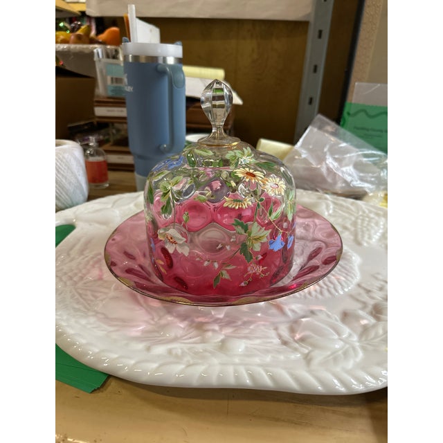 1970s Beautiful Pink Glass Cake Cover and Plate With Floral Accents ...