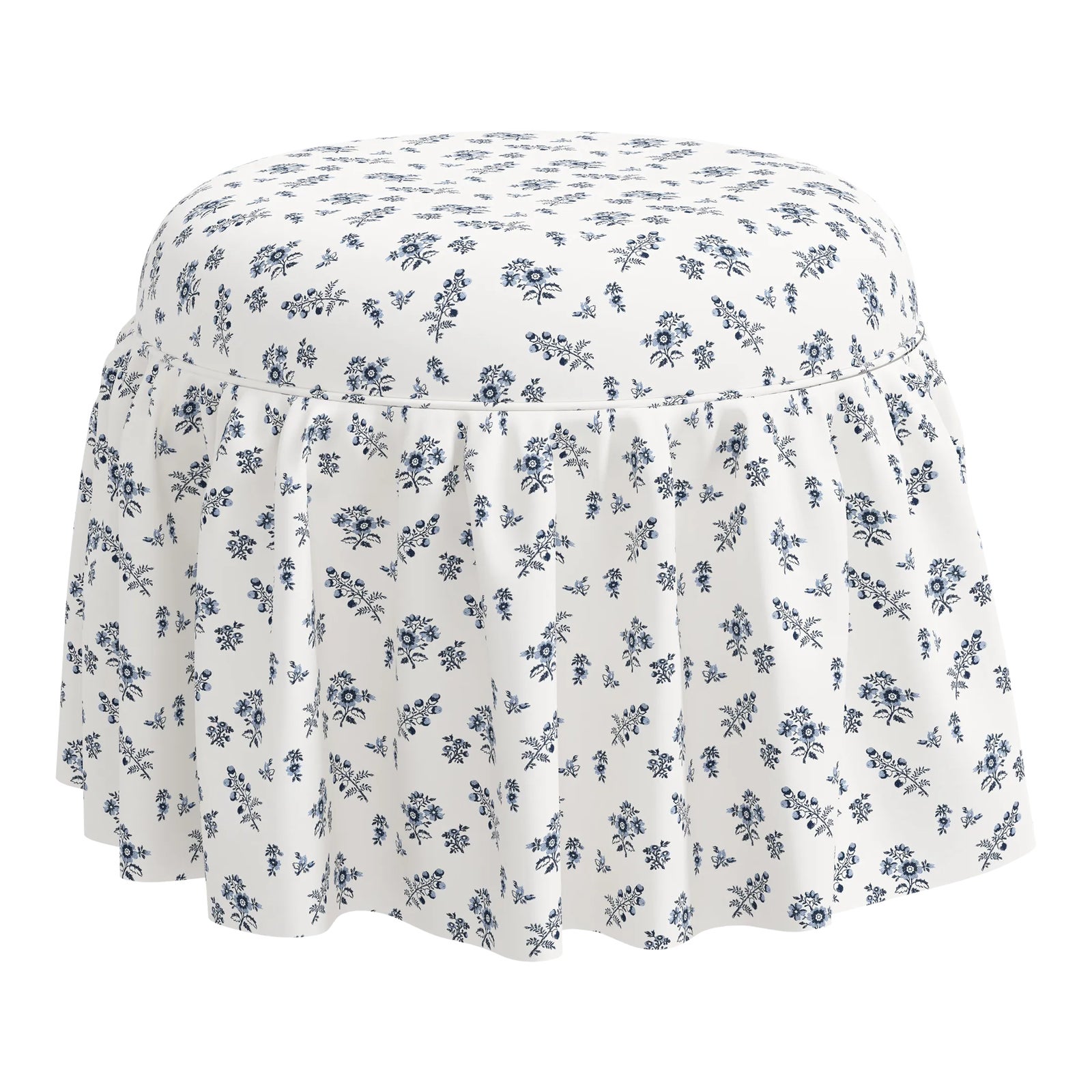 Skirted Round Ottoman in Ditsy Floral Blue | Chairish