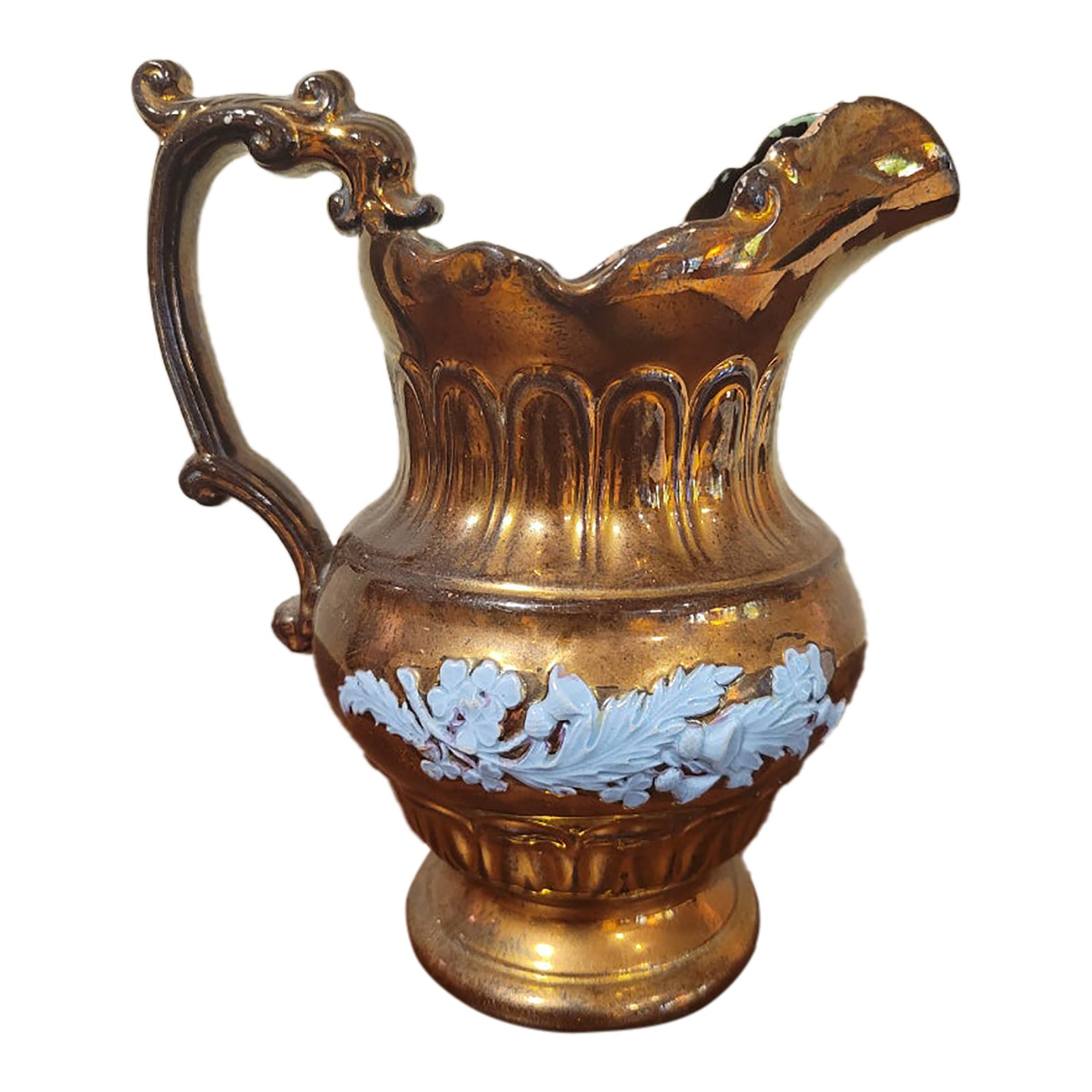 Copper Lustreware Ceramic Pitcher With Blue Jasperware Pattern | Chairish