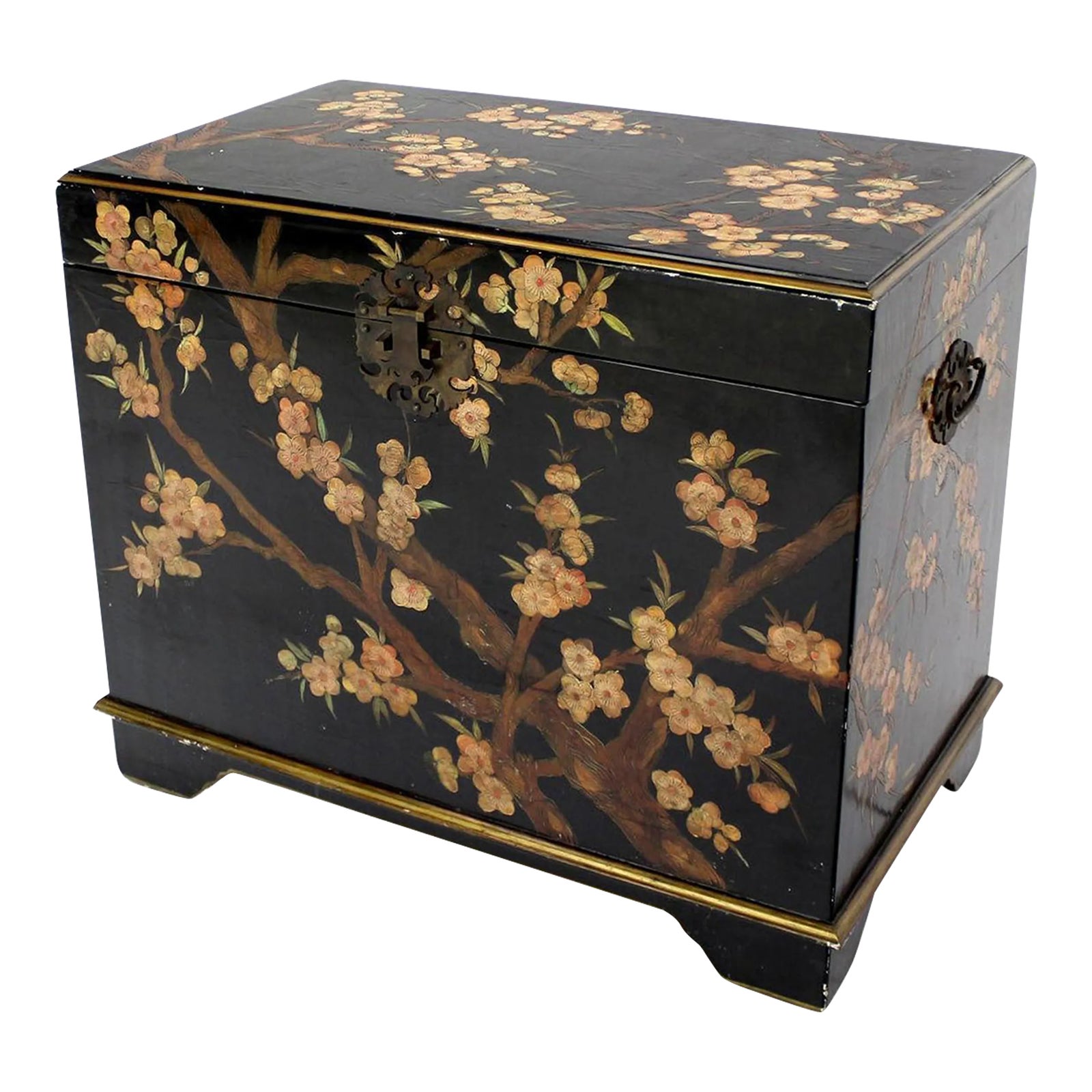 Oriental Hand Painted Black Lacquer Bar Trunk Chest Electric Lift Shelf ...