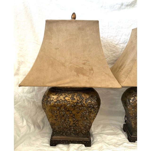 Faux Bronze Finish Table Lamps W/Suede Shade-A Pair | Chairish
