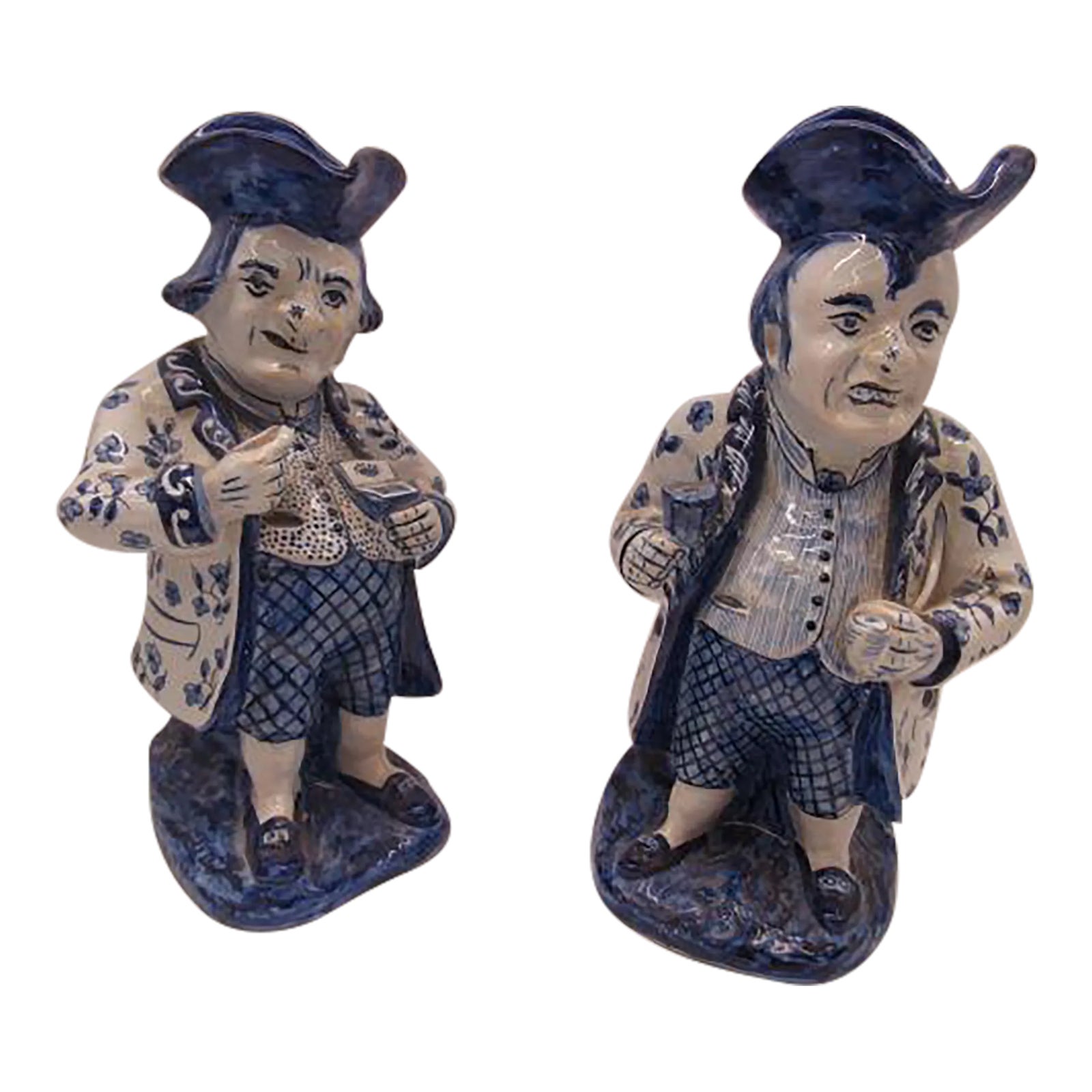 Pair of 18th Century Blue and White Dutch Toby Figure Jugs | Chairish