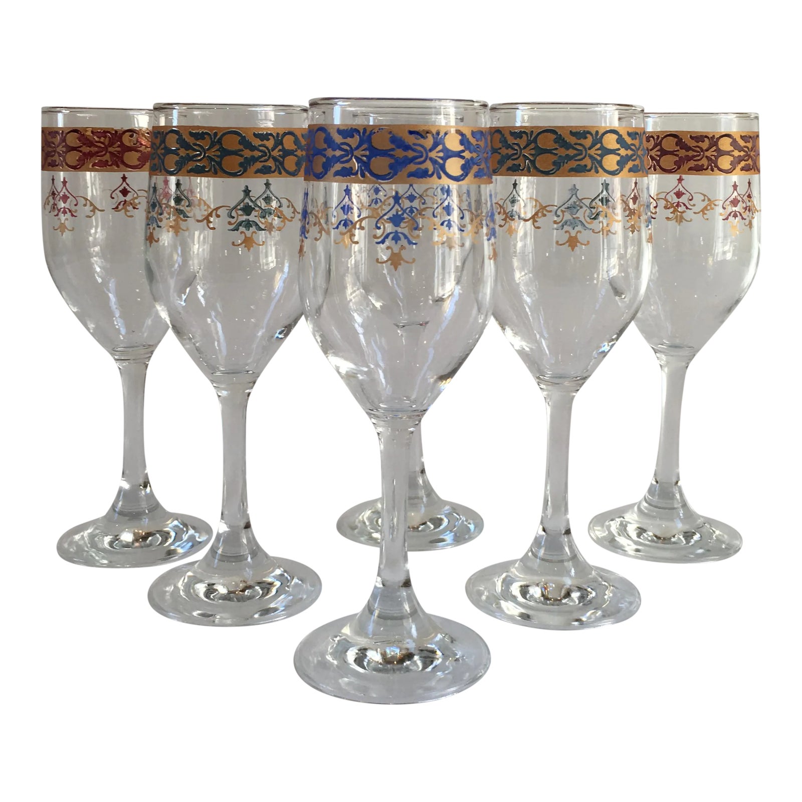 Vintage Jewel-Tone Banded Stemware - Set of 8 | Chairish