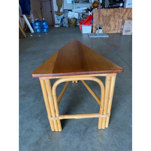 Restored Rattan "Pizza Slice" Corner Side Table With Mahogany Tabletop ...