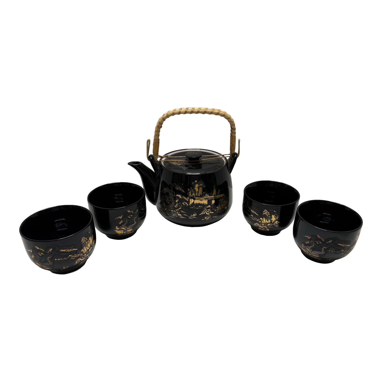 Vintage Japanese Black & Gold Tea Set | Teapot W Bamboo Handle + 4 Cups ...