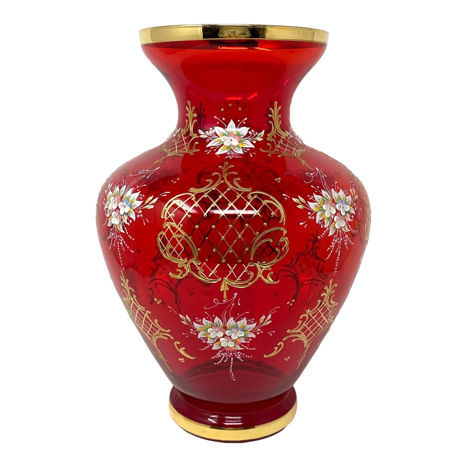 Vintage Large Italian Ruby Red Glass Vase With Gold & Floral Enamel ...