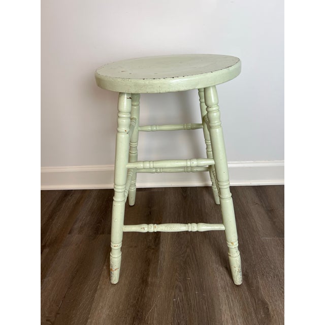 Early 20th Century Vintage English Country Pale Green Wooden Stool ...