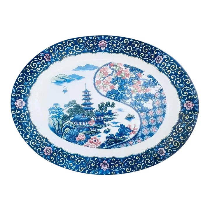 Mid-Century Large Chinese Porcelain Platter Blue and White Depicting a ...