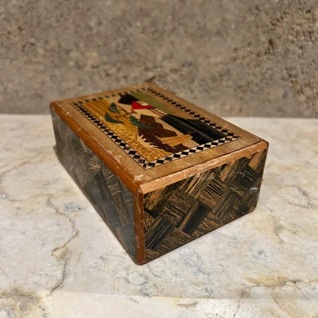 1950s Japanese Secret Puzzle Box Wood Inlay Mt Fuji Floral | Chairish