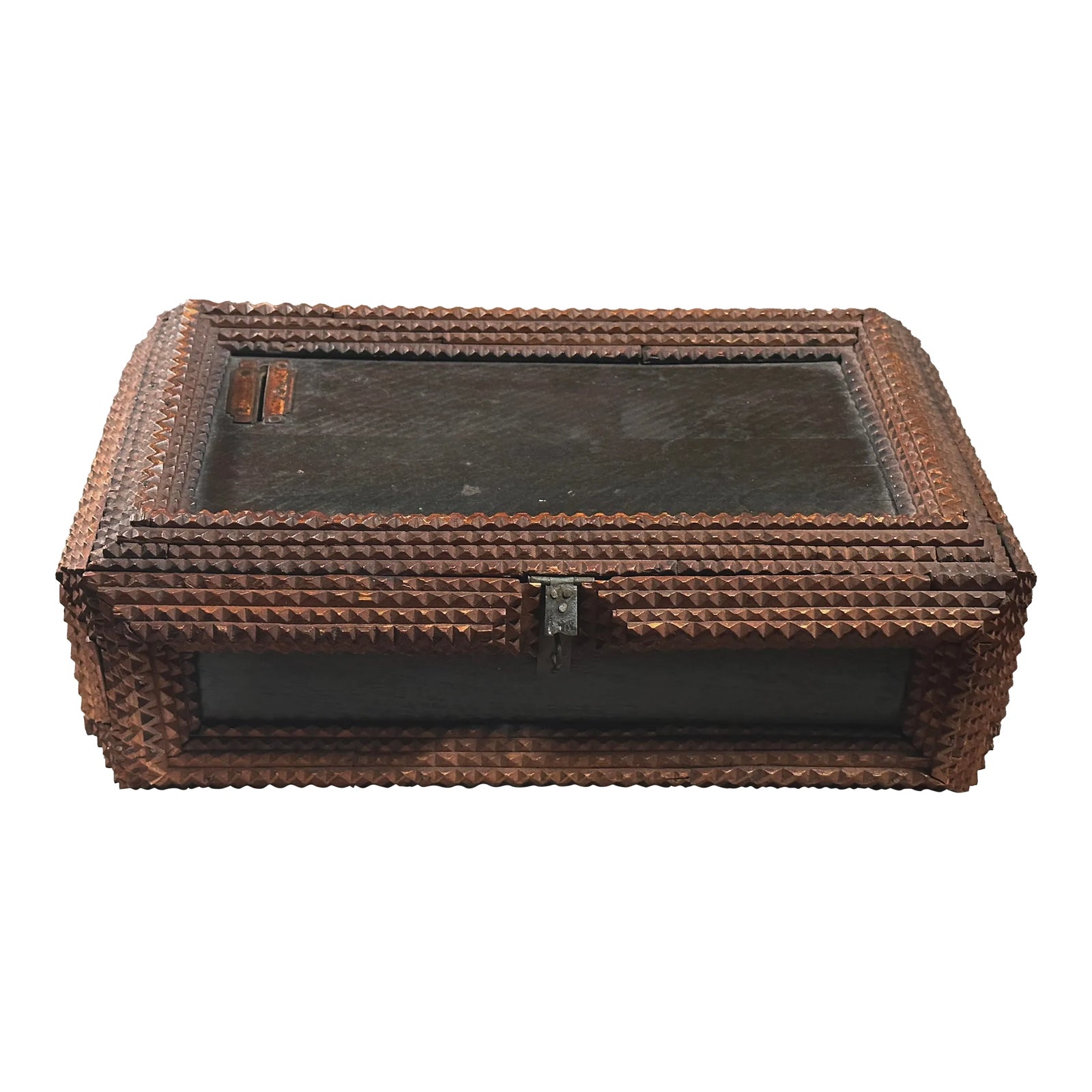 Large Antique Chip Carved Footed Tramp Art Box With Metal Slot Detail ...
