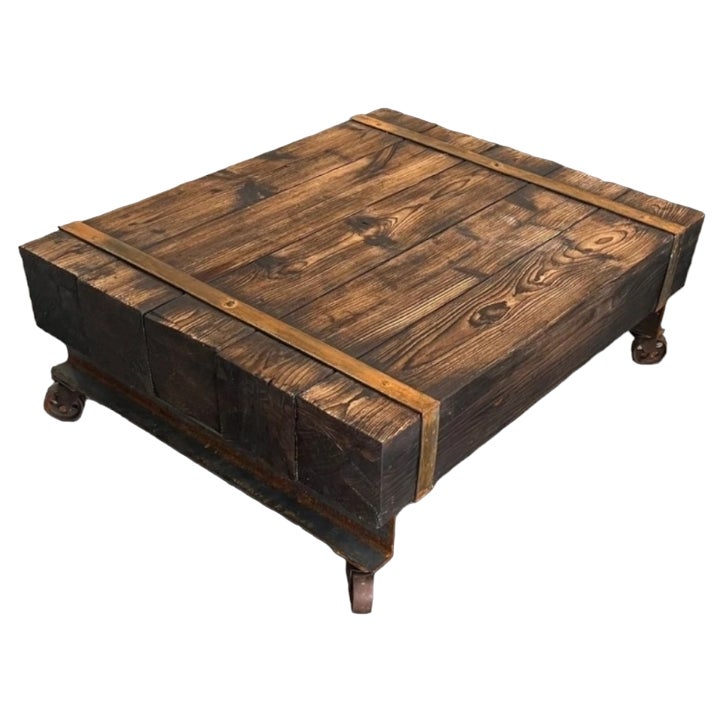 Vintage Coffee Table with Iron and Steel Beams and Wooden Blocks on ...