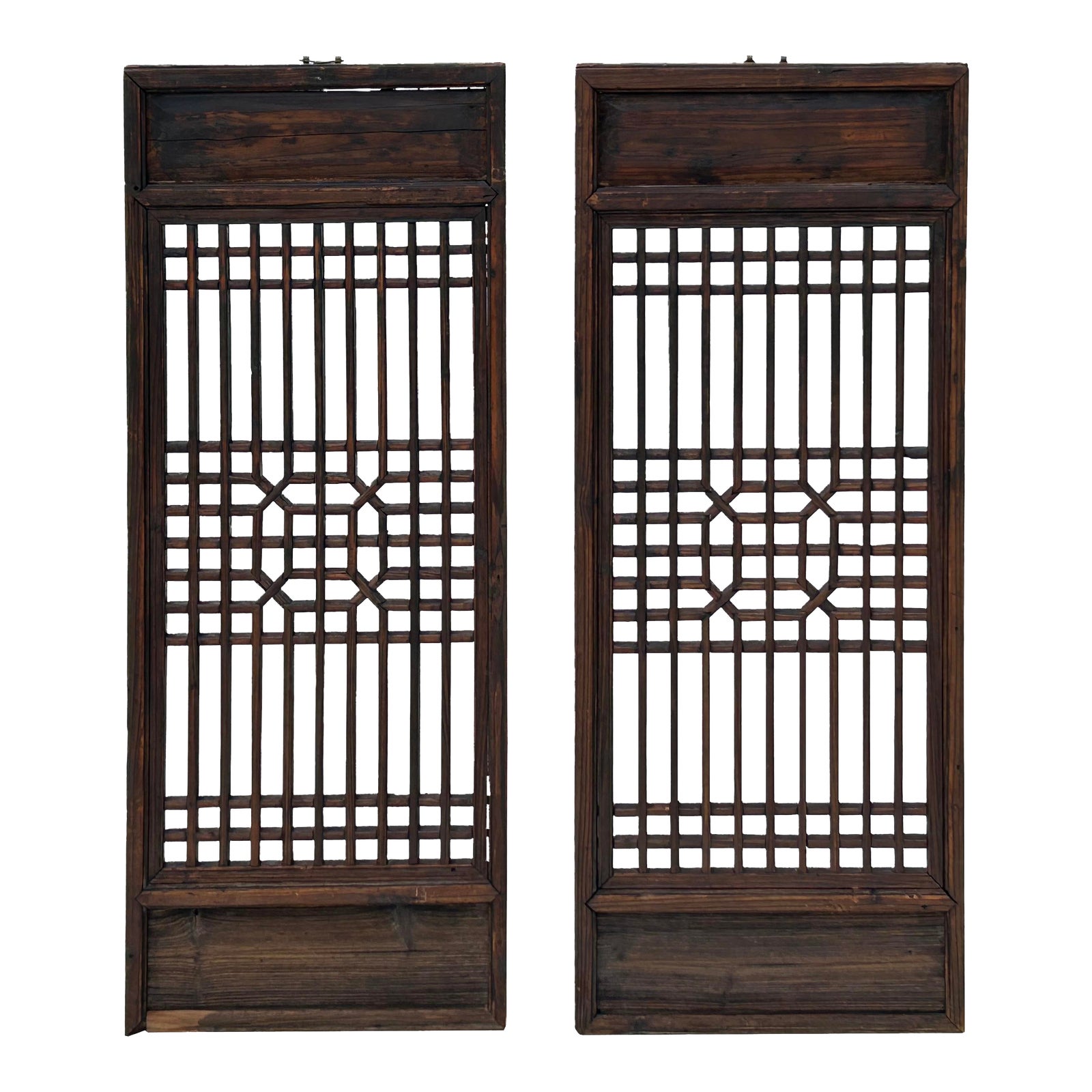 Pair Chinese Vintage Restored Wood Geometric Pattern Brown Wall Hanging ...