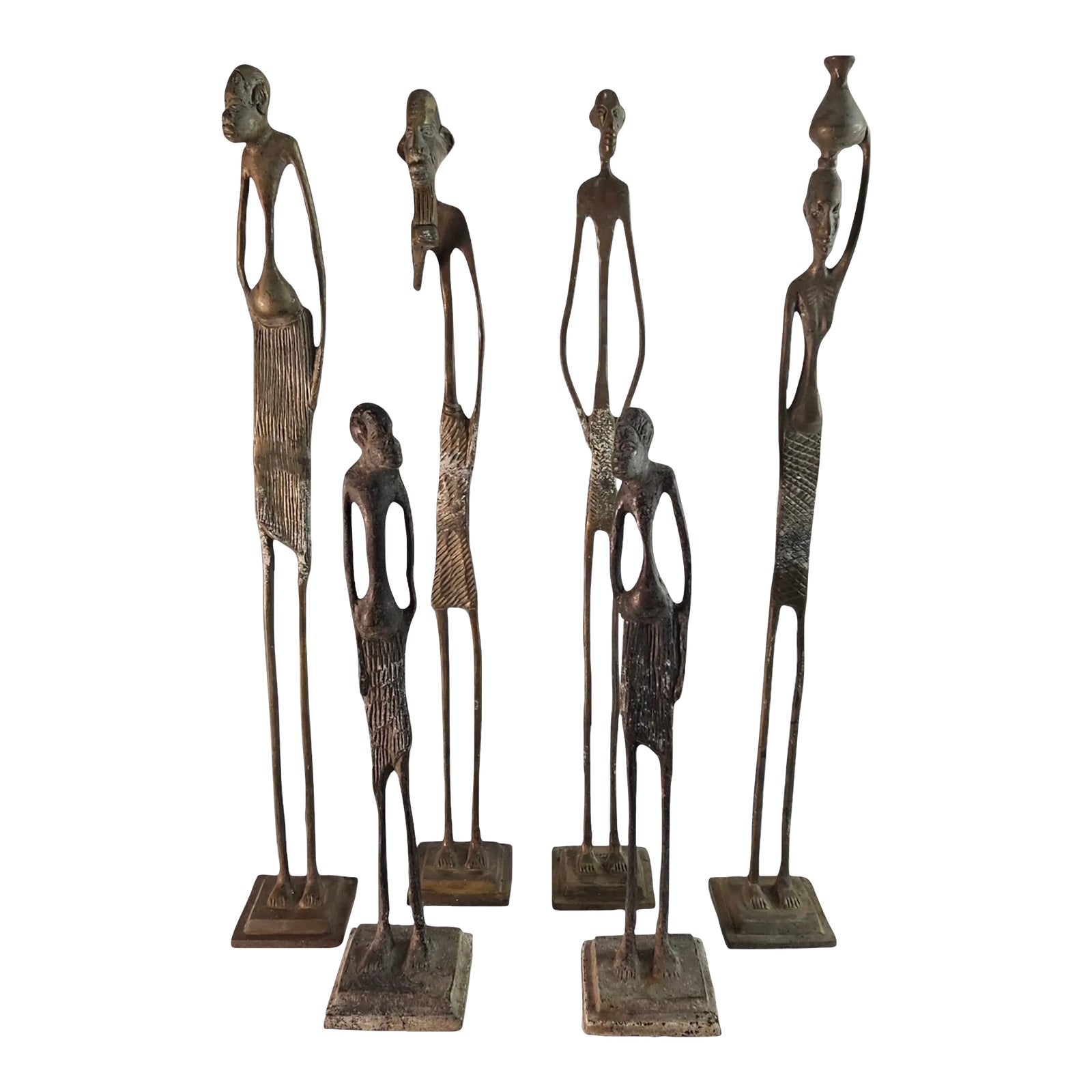 Elongated African Tribal Brass Bronze Statues Set of 6 | Chairish