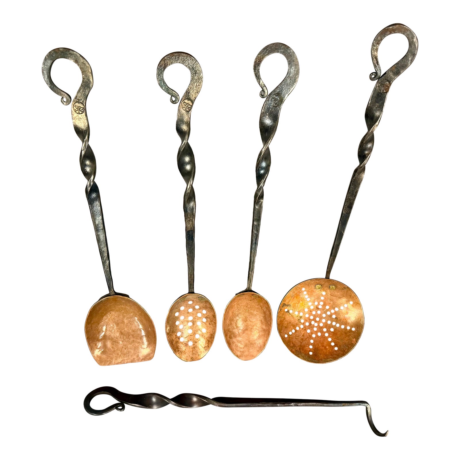 1980s Copper Kitchen Utensil Set With Twisted Iron Handles | Chairish