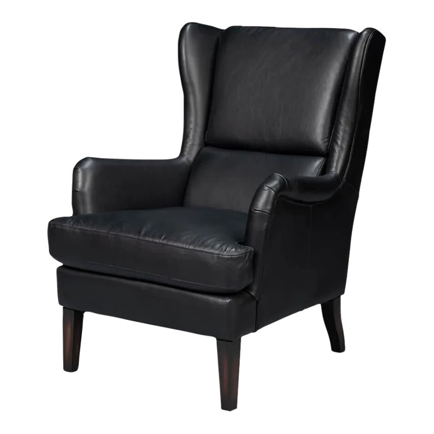 Classic Black Leather Wingback Chair | Chairish