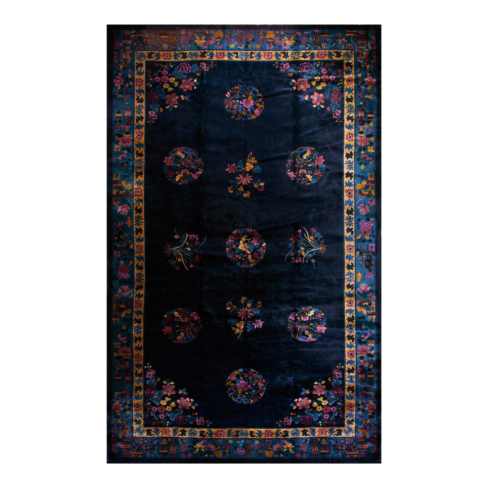 Majestic Navy Blue Color With Great Floral Design Chinese Art Deco Rug ...