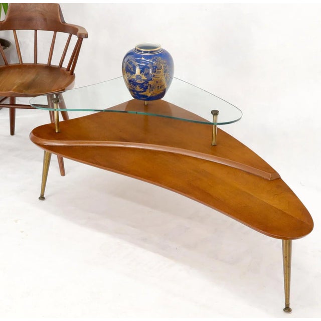 Organic Kidney Comma Shape Two-Tier Glass Top Brass Leg Walnut Coffee ...