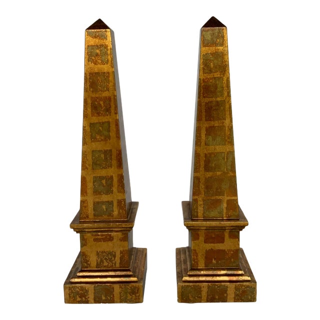 Modern Gold Leaf Finished Grided Obelisk Pair | Chairish