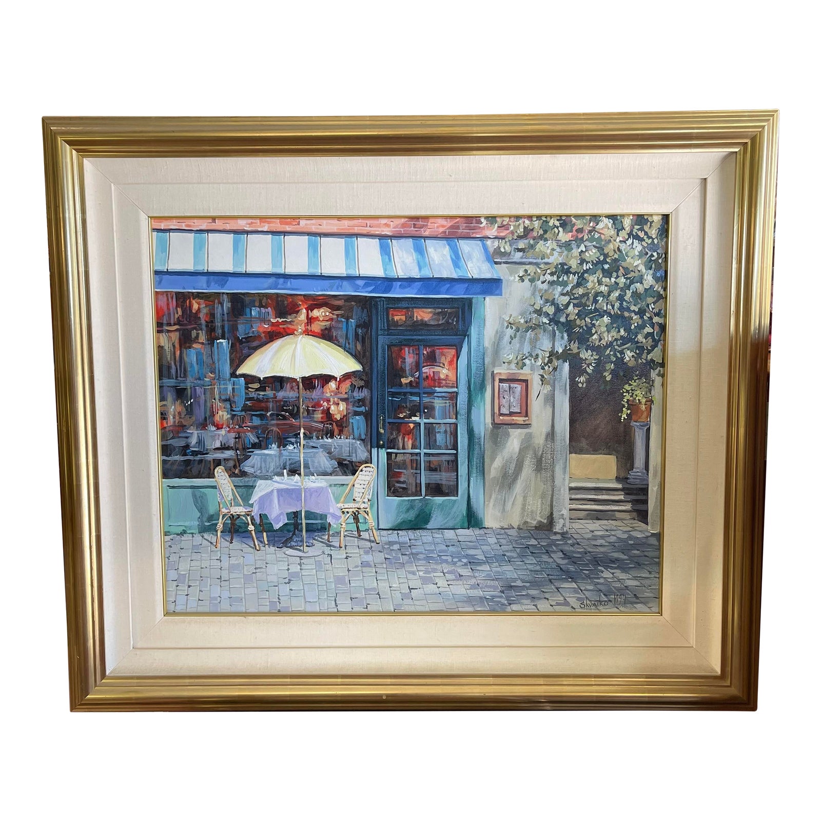 Viktor Shvaiko Oil Painting Cafe Scene 33"x39" | Chairish
