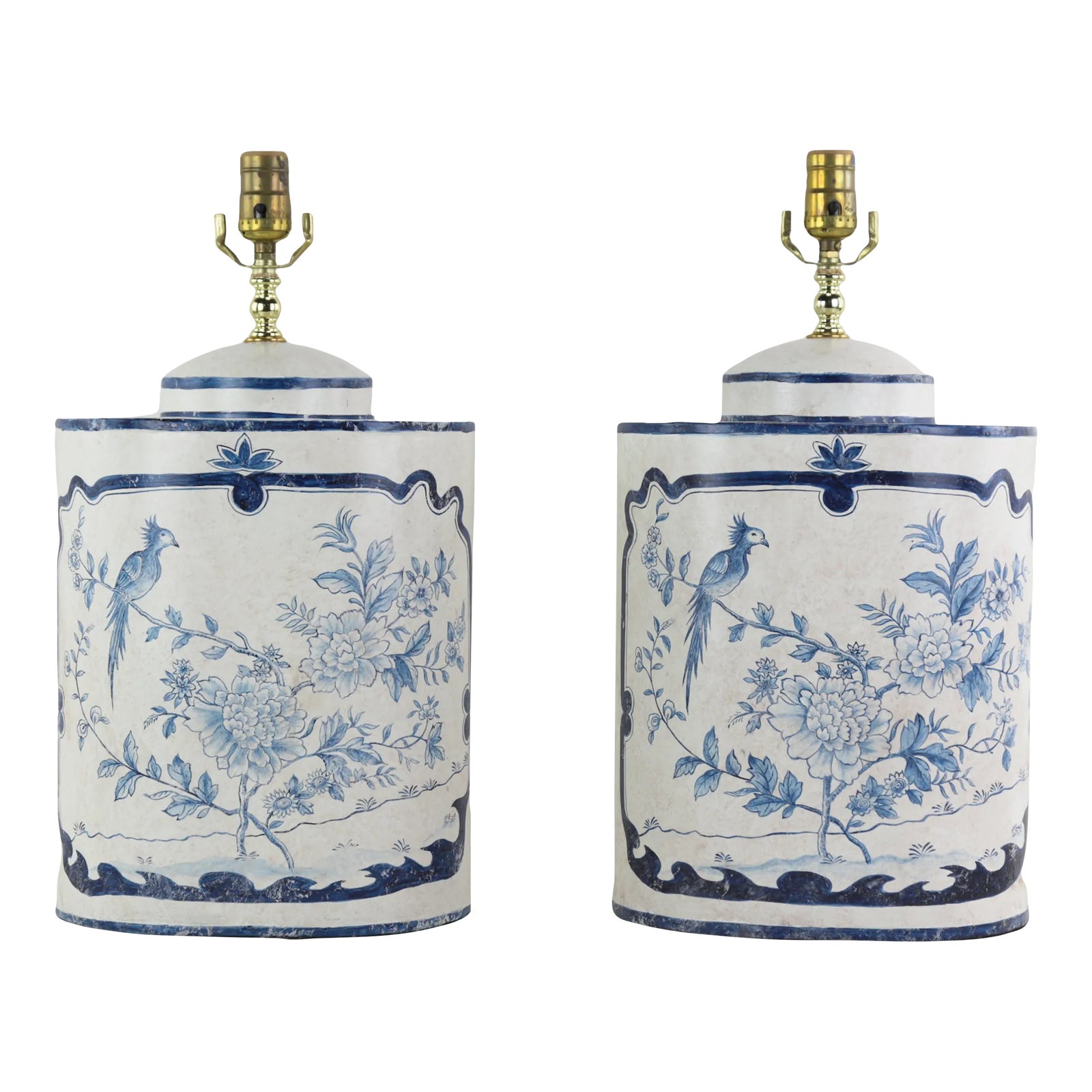 A Pair Vintage English Export Tea Caddy Hand-Painted Chinoiserie ...
