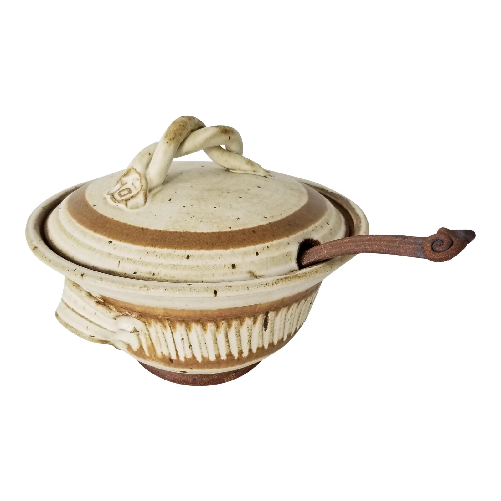 1977 Mid-Century Art Pottery Stoneware Pot With Spoon, Signed | Chairish