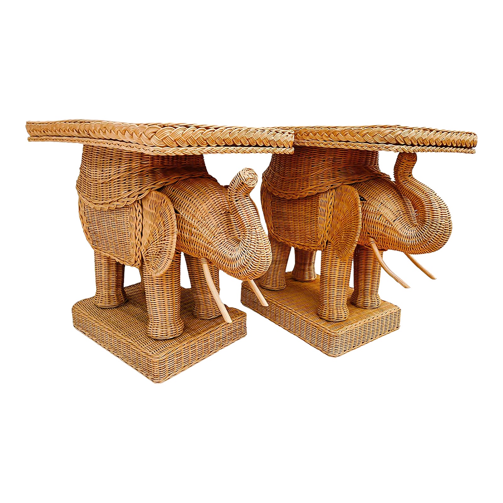 Pair of Contemporary Wicker Elephant Accent Tables With Trays | Chairish
