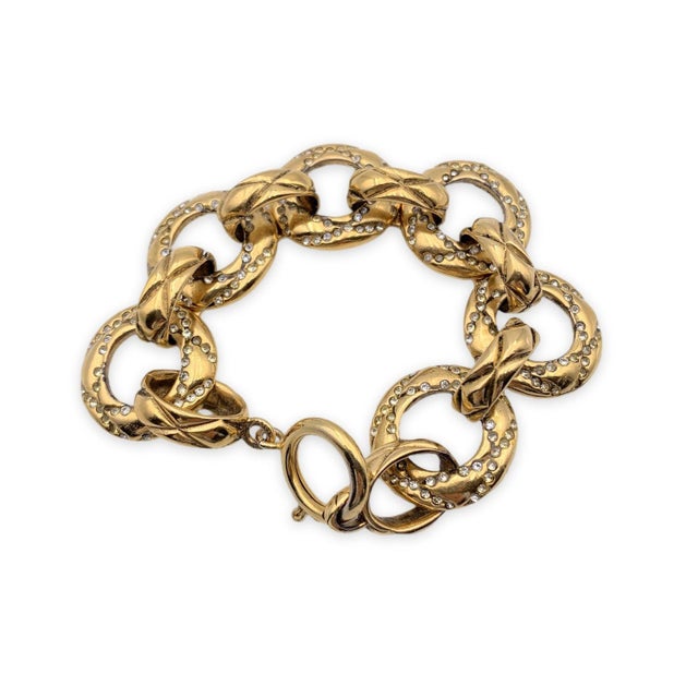 Chanel Vintage Gold Metal Crystals Ring Chain Link Bracelet | Chairish
