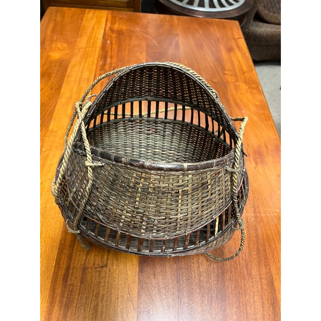 20th Century Rustic Asian Antique Bamboo Wicker Fish Basket | Chairish