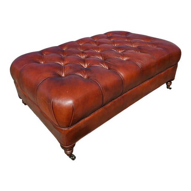 Lee Industries Tufted Leather Ottoman With Casters | Chairish