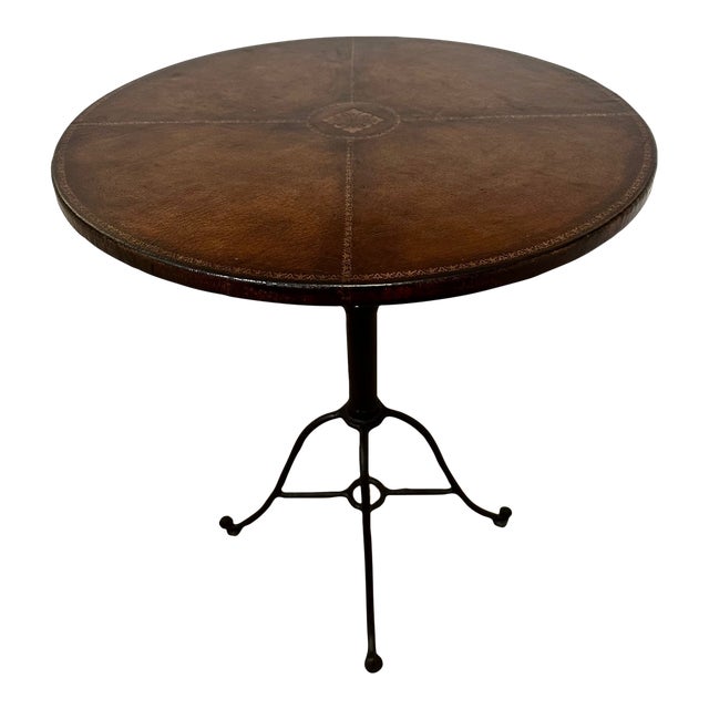 Tooled Leather and Iron Round Side Table | Chairish