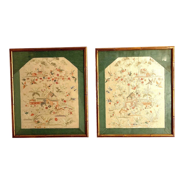 Antique Japanese Embroidered Silk Panels-Opposites | Chairish