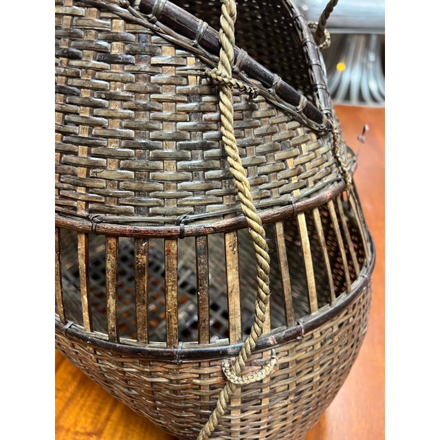 20th Century Rustic Asian Antique Bamboo Wicker Fish Basket | Chairish