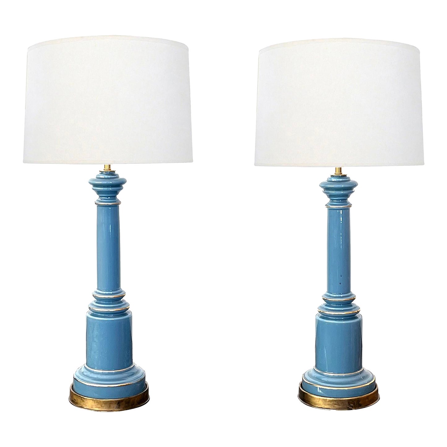 Pair of Wilmar Lamp Co. Steel-Blue Cased-Glass Columnar Lamps With Gilt ...