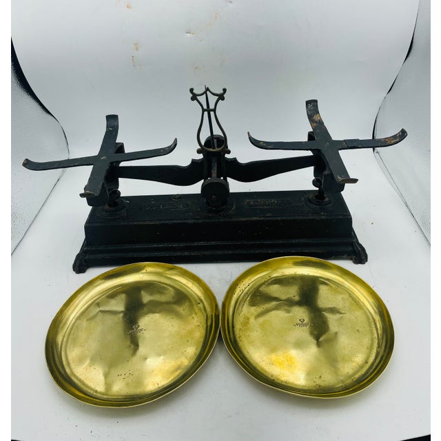 Antique French Iron Balance Scale With Brass Trays | Chairish