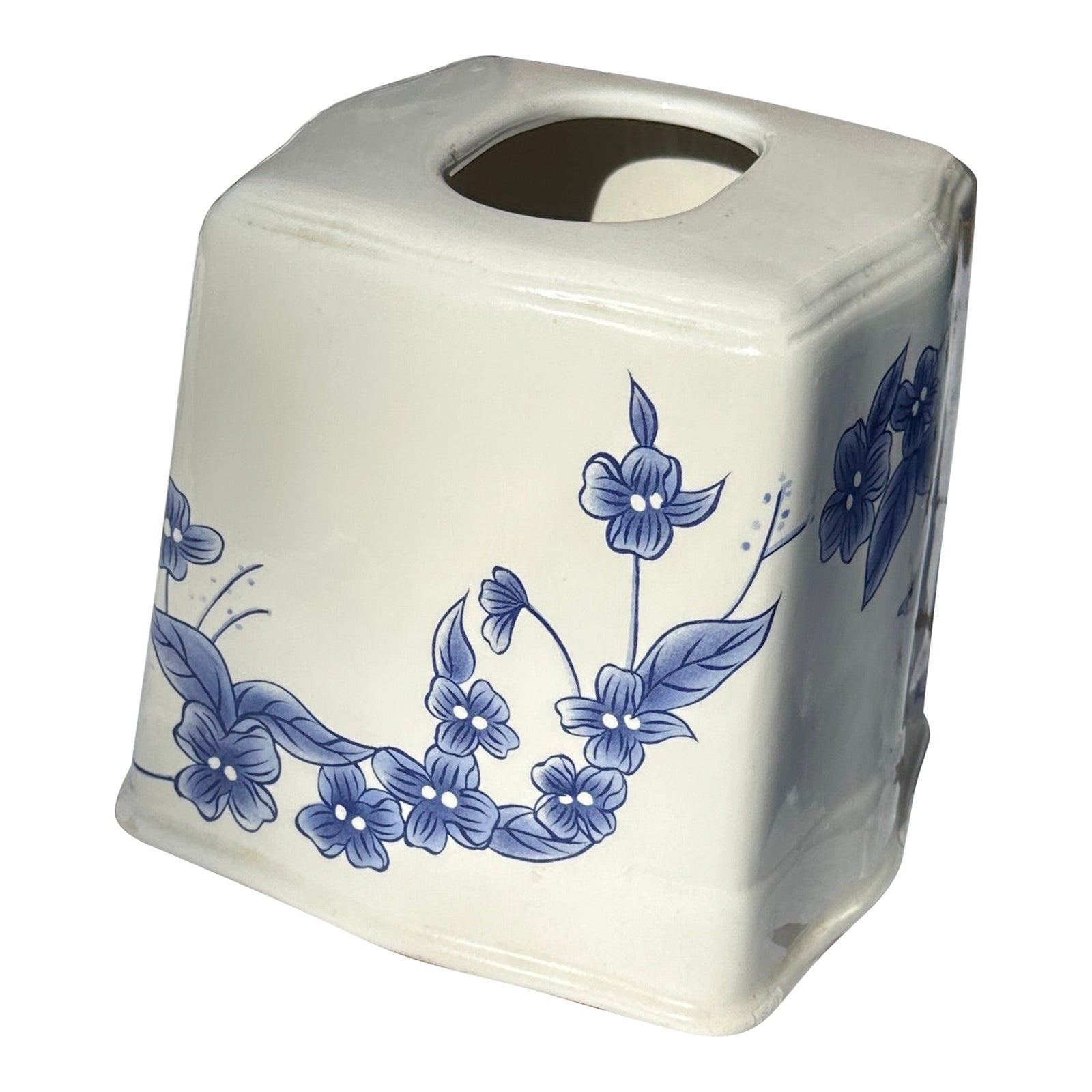 1970s Blue and White Ceramic Tissue Holder | Chairish