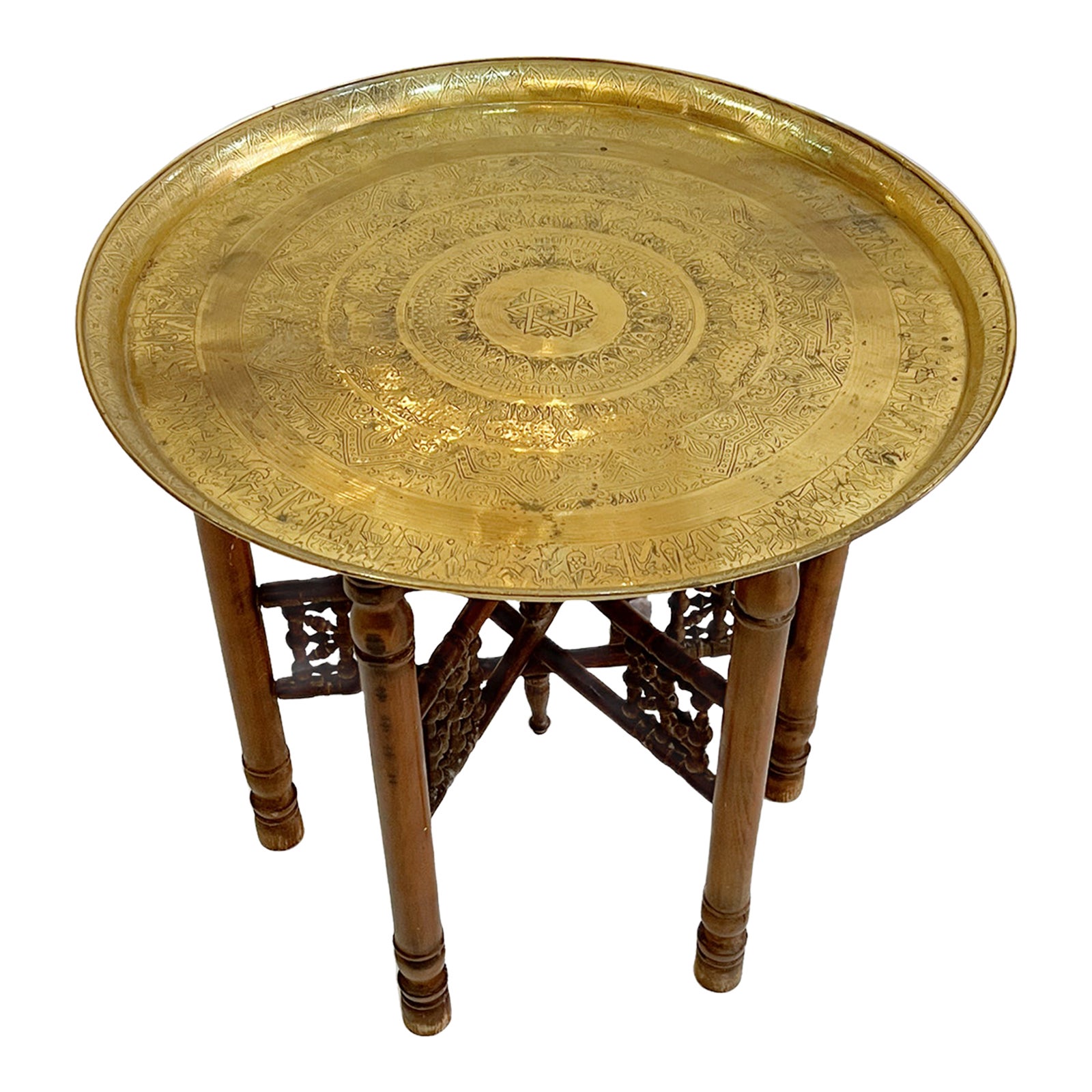 Mid 20th Century Moroccan Tray Table - Engraved Brass Tray Table Top ...