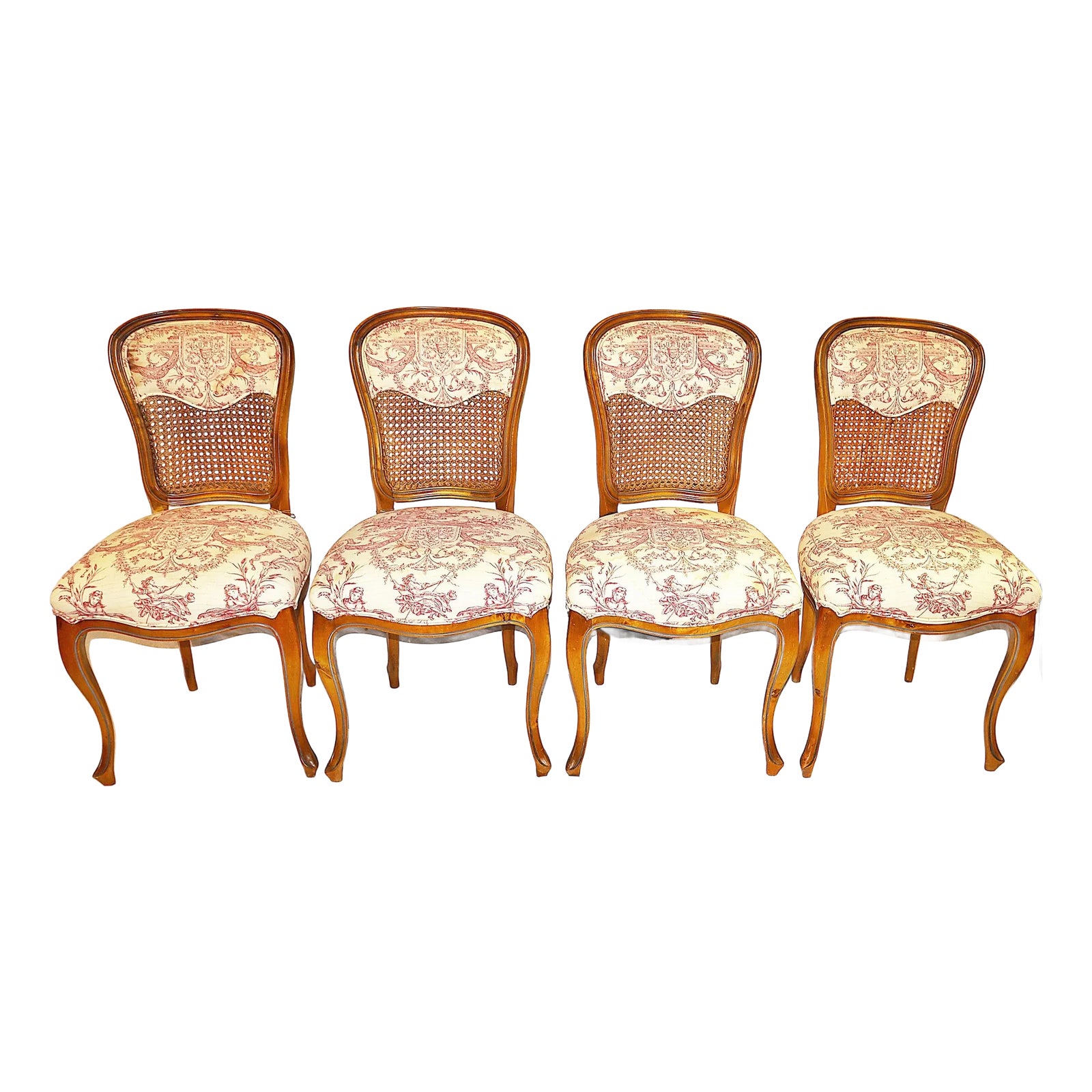1920s French Balloon Back Caned Toile Dining Chairs- Set of 4 | Chairish