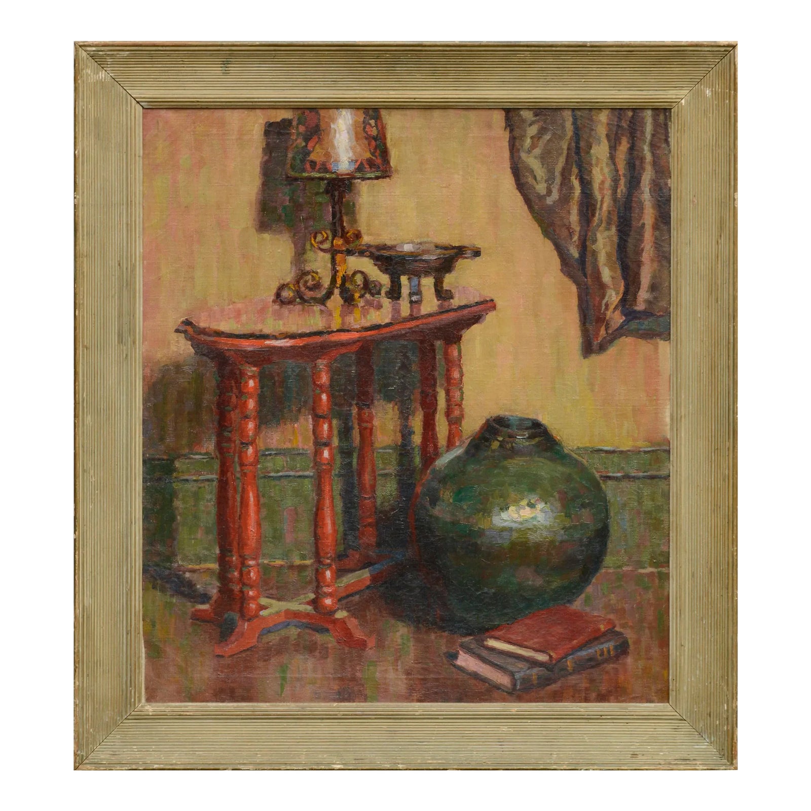 Mid-Century Interior Scene Painting with Red Table and Green Vase ...