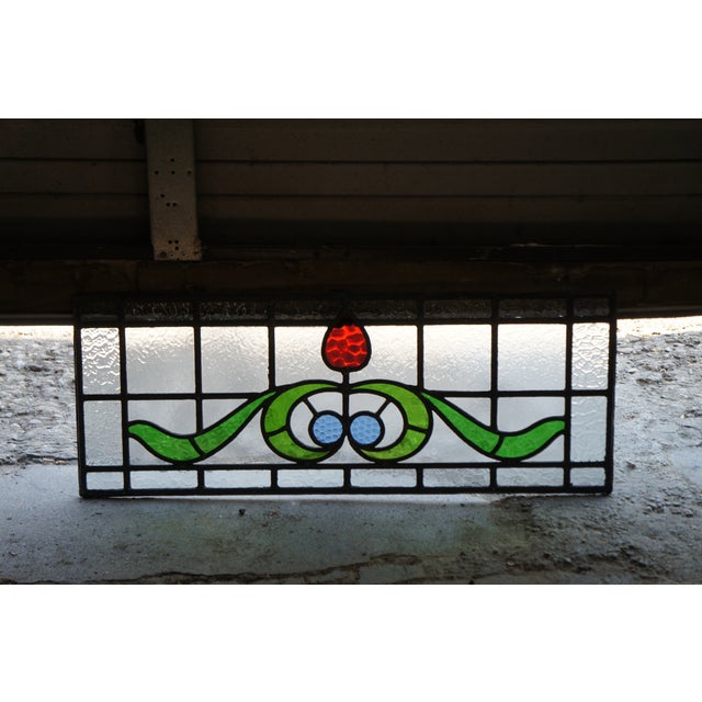 Antique English Victorian Art Nouveau Stained Glass Rose Transom Window ...