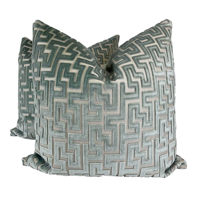 Greek Key Cut Velvet in Aqua 22" Pillows-A Pair | Chairish