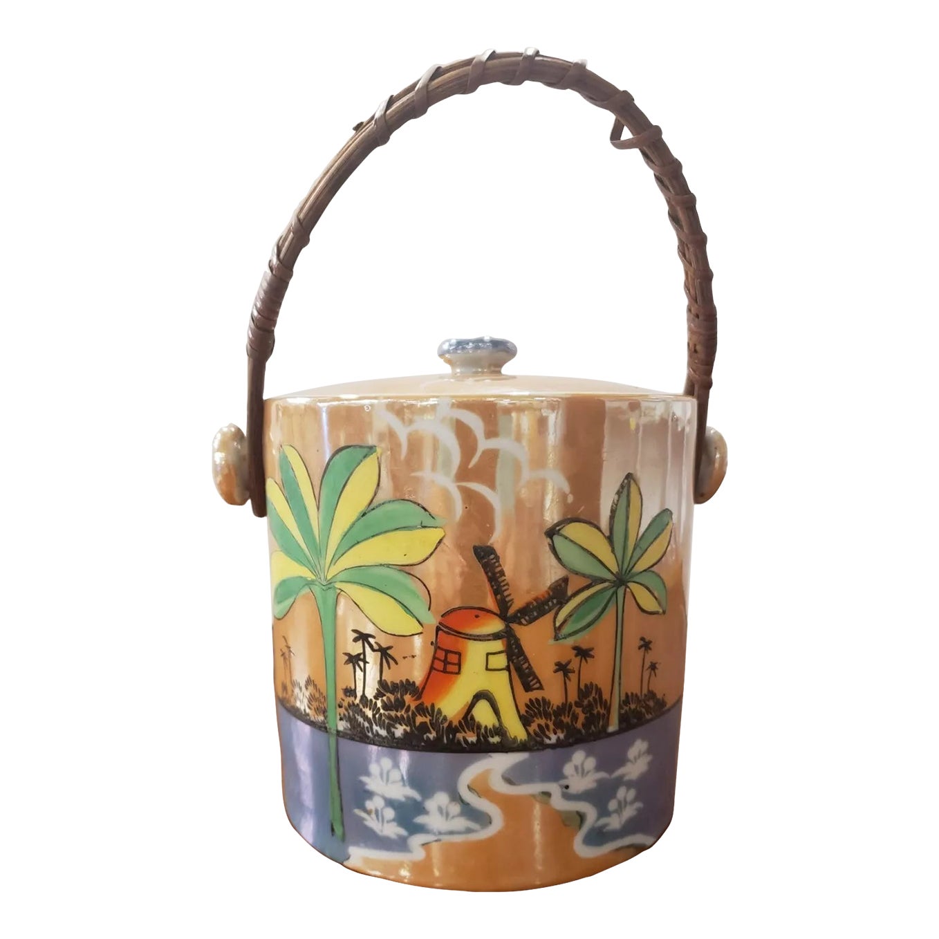 Vintage Lusterware Biscuit Jar With Wicker Handle, Made in Japan | Chairish