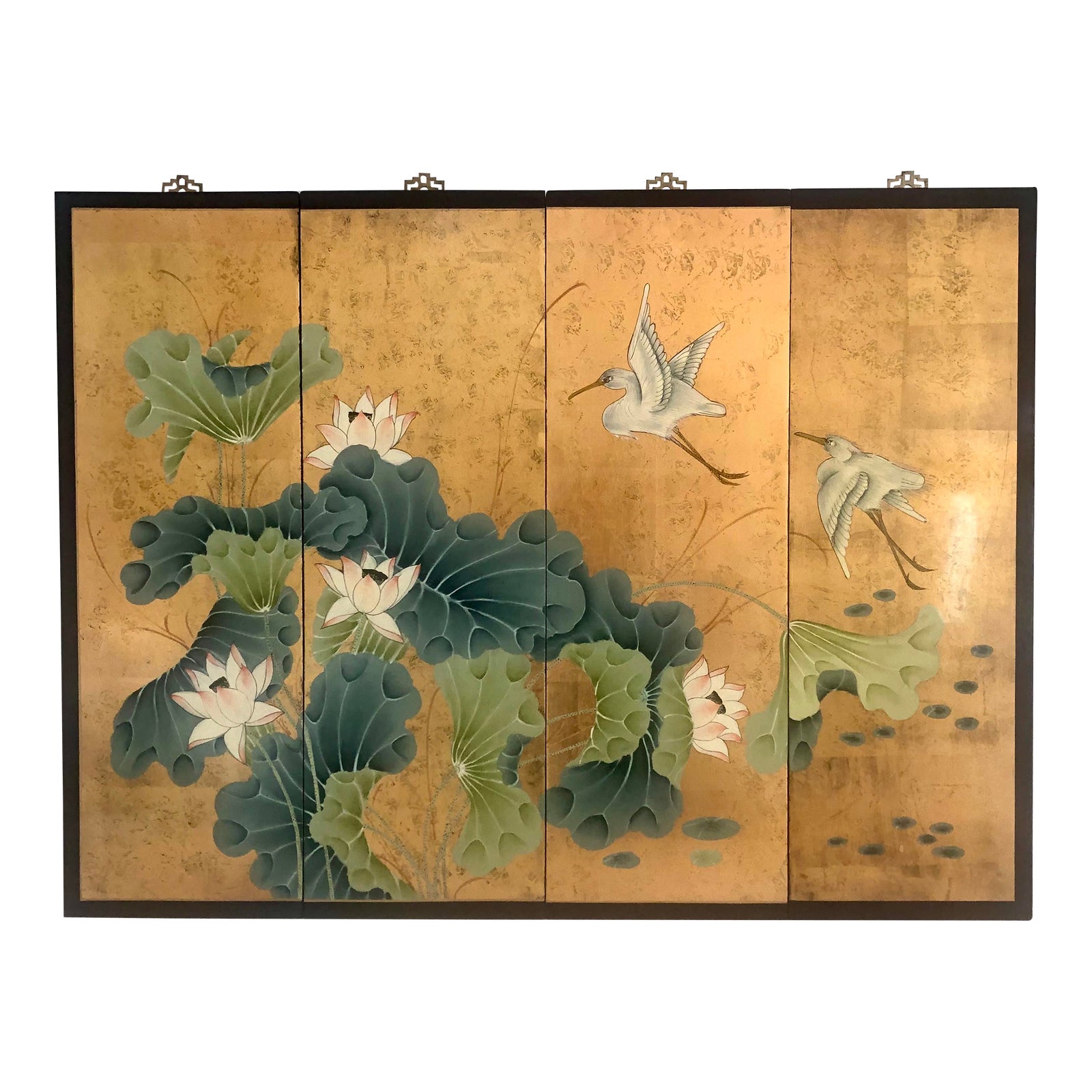 Mid 20th Century Asian Four-Panel Gold Gilt Screen With Hand Painted ...