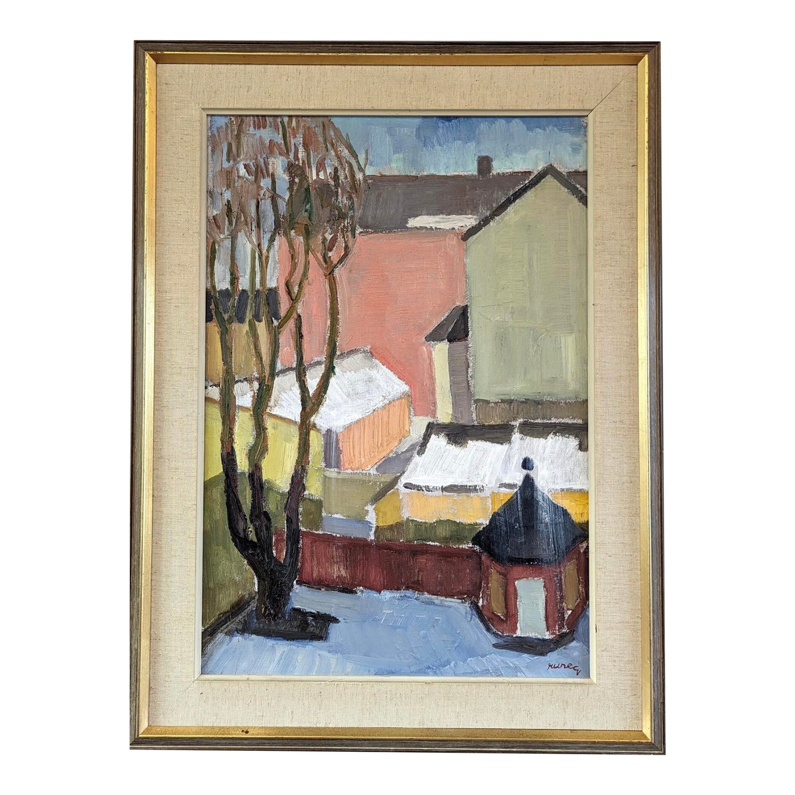Mid-Century Modern Swedish "Winter Estate" Vintage Townscape Oil ...