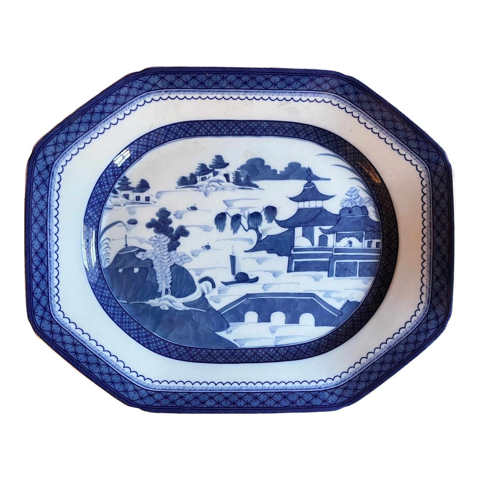 Large 17" Chinese Export Blue & White Canton Platter by Mottahedeh for ...